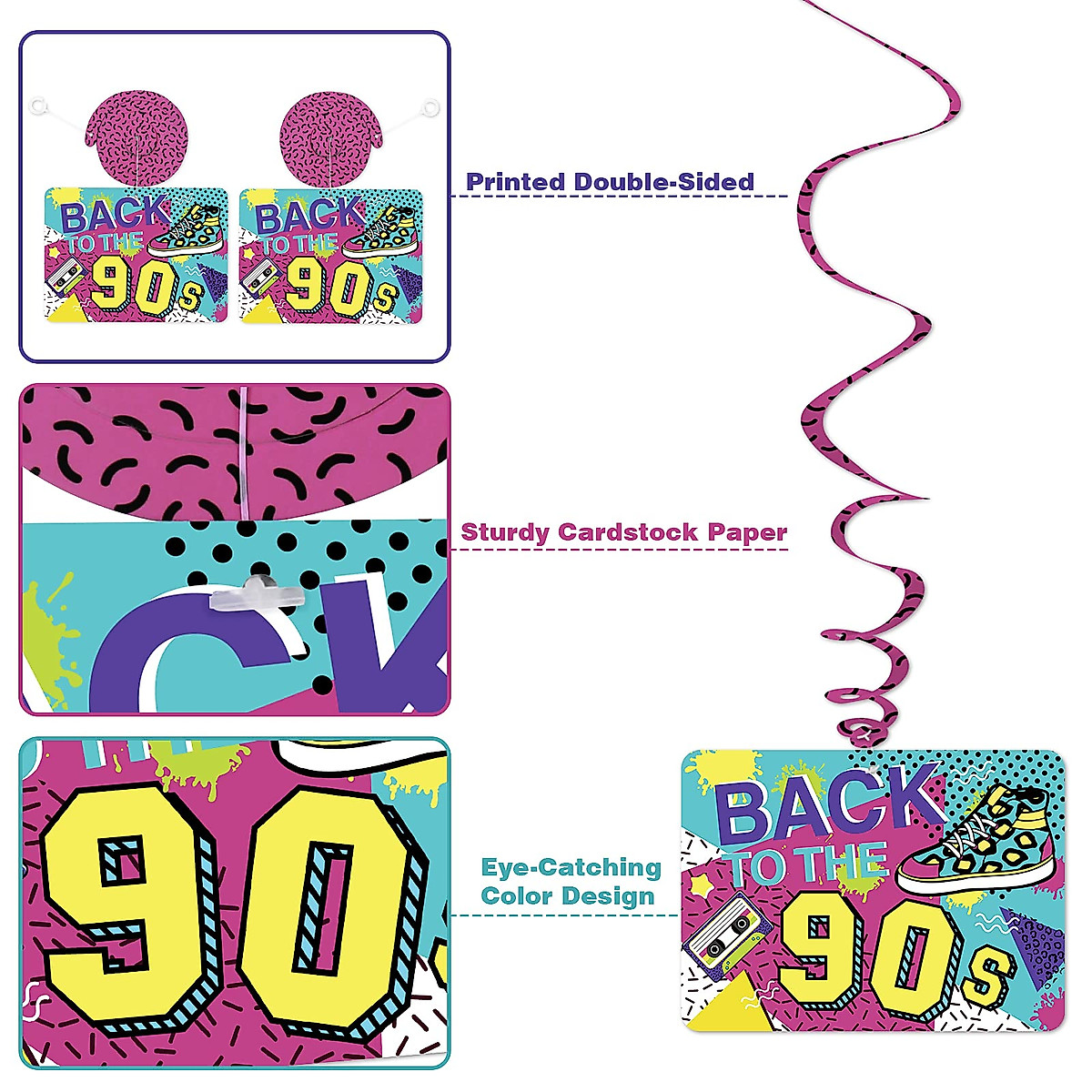 28Pcs Back to The 90s Party Hanging Swirls Decorations 90s Retro Ceiling Streamers for 1990s Throwback Birthday Party 90s Hip Hop Party Supplies