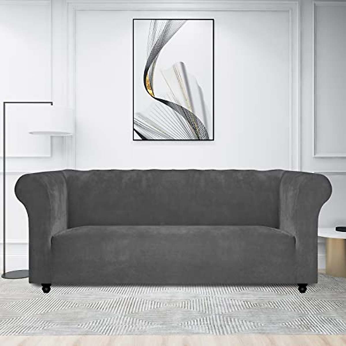 Easy-Going Stretch Velvet Chesterfield Style Couch Slipcover for Living Room, Soft Non-Slip Sofa Cover Furniture Protector for Dogs (Sofa, Gray)