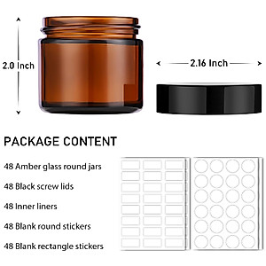 2 oz Small Glass Jars with Lids, Bumobum 48 pack Round Amber Glass Candle Jars with Black Lids, White Labels & Inner Liners, Empty Cosmetic Containers for Cream, Lotion, Slime