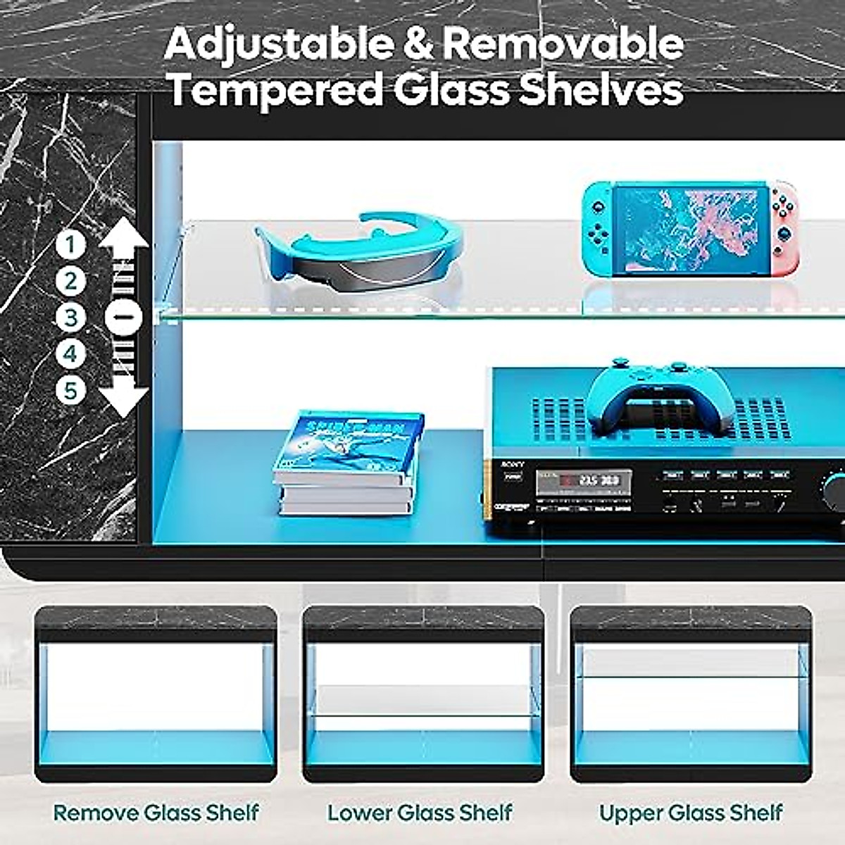 Bestier LED TV Stand for PS5,Modern Gaming Entertainment Center with Cabinet for 60/65 Inch TV,Easily Assemble TV Corner Console with Adjustable Glass Shelf for Living Room Bedroom Black Marble