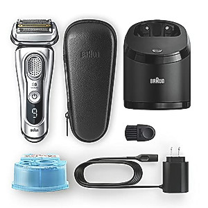 Braun Electric Razor for Men, Waterproof Foil Shaver, Series 9 9390cc, Wet & Dry Shave, With Pop-Up Beard Trimmer for Grooming, Cleaning & Charging SmartCare Center and Leather Travel Case, Silver