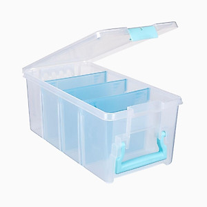 saizone 6925AA Semi Satchel with Removable Dividers, Portable Art & Craft Organizer with Handle, [1] Plastic Storage Case, Clear with Aqua Accents