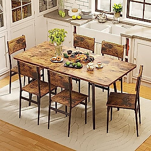Qsun 7-Piece 63" Dining Table Set for 4-6 People, Extendable Kitchen Table Set with 6 Chairs, Dining Room Table with Metal Frame and Solid MDF Wood Board for Kitchen, Rustic Brown