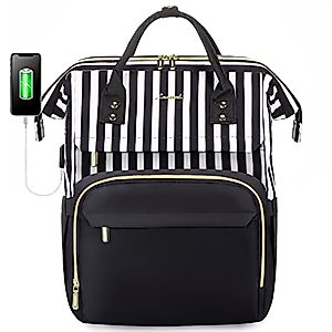 LOVEVOOK Laptop Backpack Women Teacher Backpack Nurse Bags, 15.6 Inch Womens Work Backpack Purse Waterproof Anti-theft Travel Back Pack with USB Charging Port (Black-Thick Stripe)