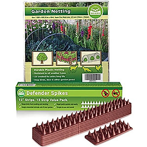 De-Bird Bundle Includes: Defender Spikes 12 pk & Heavy Duty Bird Netting to Protect Plants - Keep Away Pigeon, Woodpecker & Cats from Your Garden and Crops