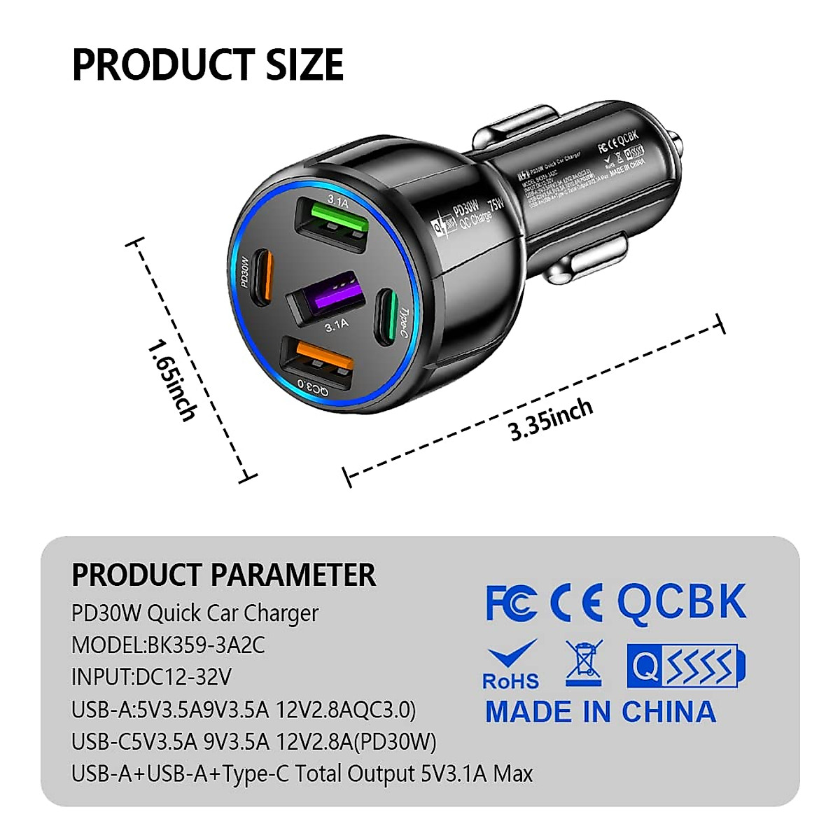 75W Ultra-Fast Car Charger, 30W/QC3.0/Type C 5-Port Smart Shunt 12 Volt Car Adapter Cigarette Lighter USB Charger Compatible with iPhone 14 Pro MAX/13,MacBook Pro,iPad Pro (3USB+2PDBlack)