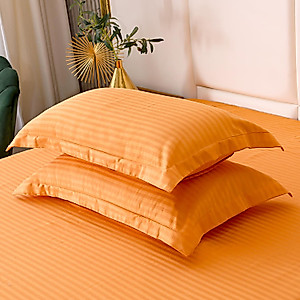 LweiPsqLin 100% Cotton Sheet Set Full Size - Pure Bed Sheets-Damask Stripe Sheet Set 600 Thread Count,Extra Deep Pocket Elastic Fits Mattress Perfectly,4 Pieces (Orange, Full)