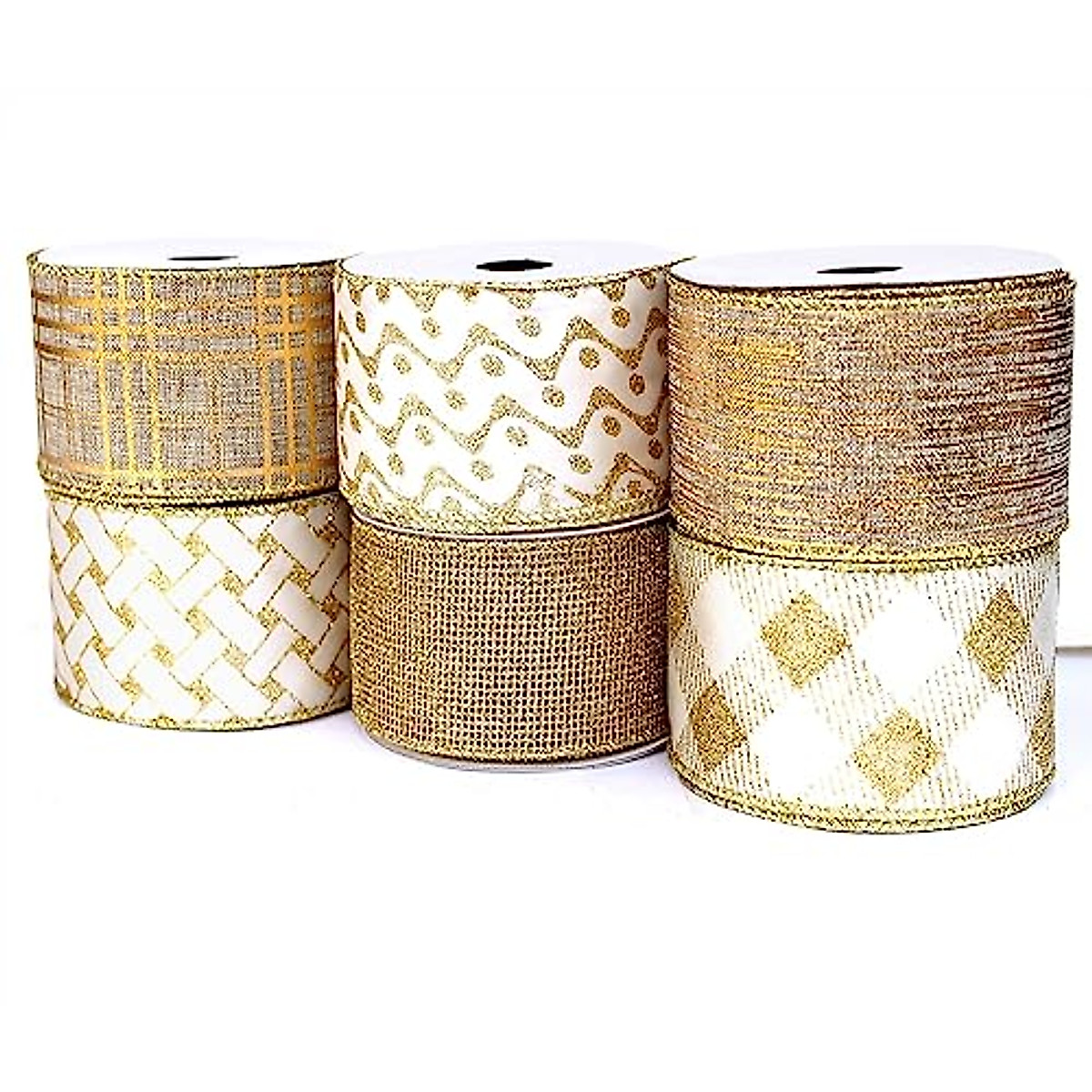 Gold Ribbon Wired Christmas Tree Ribbon 2.5 Inch Xmas Ribbons 6 Rolls 36 Yards Burlap Organza Sheer Mesh Metallic Glitter Crafts Decorating Gift Wrapping Bows Gift Wrap Bow Tree Topper Wreath