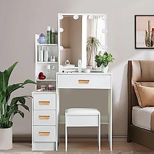 Makeup Vanity Table Set with Mirror and Lights, Vanity Desk with Power Strip, Dressing Table Set with 4 Large Drawers, White
