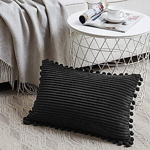 Fancy Homi Pack of 2 Black Lumbar Decorative Throw Pillow Covers with Pom-poms, Soft Corduroy Solid Rectangle Cushion Cases Set for Couch Sofa Bedroom Car Living Room (12x20 Inch/30x50 cm, Black)
