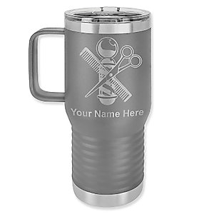 20oz Vacuum Insulated Travel Mug with Handle, Barber Shop Pole, Personalized Engraving Included (Gray)