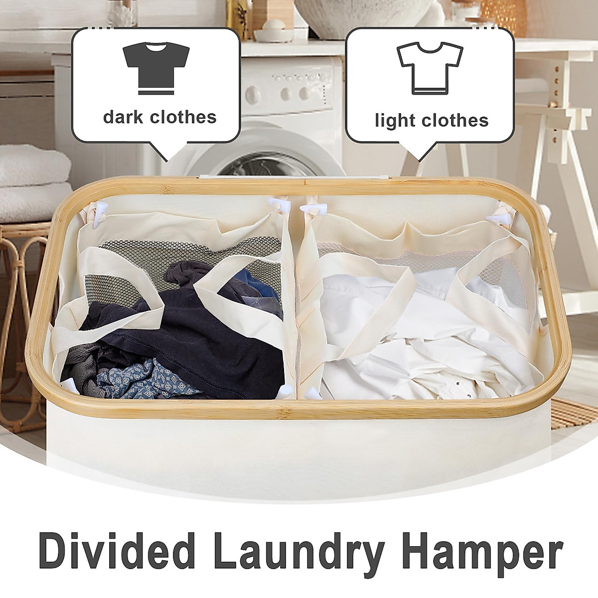 Bellzacasa Double Laundry Hamper with Lid, 145L Large Collapsible Hampers for Laundry with Removable Laundry Bags, Divided Dirty Clothes Laundry Basket for Laundry Room, Bedroom, Bathroom (Beige)