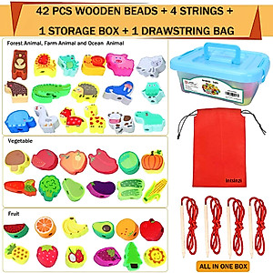 Intsinzi 46 PCS Montessori Wooden Lacing Beads Toys for Toddlers,Educational Stringing Animals Fruits Farm Threading Beads Preschool Learning Toys for Kids 3 4 5 6 Year Old Boys Girls…