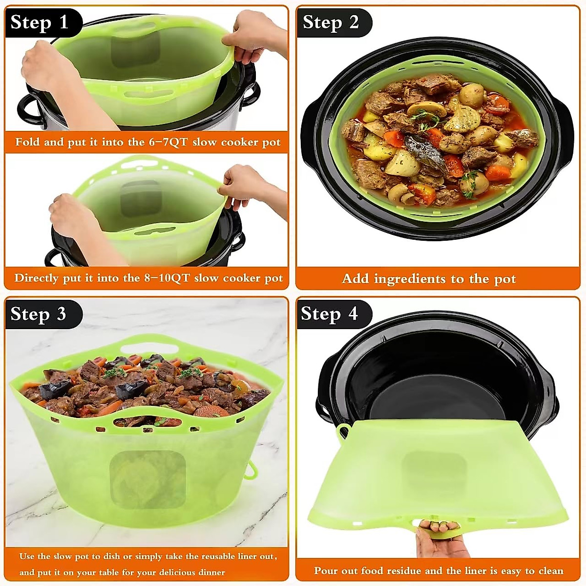 2pcs Silicone Slow Cooker Liners, Reusable Slow Cooker Liners for 6-10 Quarts, Leakproof & Easy Clean Crock-Pot Cooking Bags Liners with Handle for Oval or Round Pot (Green+Blue)