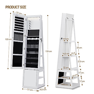 Hzuaneri 16 LEDs Jewelry Cabinet Armoire, 63" H Standing Jewelry Organizer with 360° Rotating Base, Lockable Full-length Mirror, 4-tier Storage Shelves, 4-in-1 design, White JC16003B