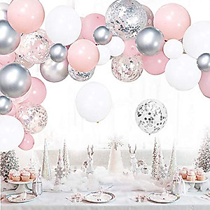 Silver Pink Balloons Garland Kit, 100pcs White and Silver Confetti Metallic Latex Balloons Arch with 16ft Tape Strip & Dot Glue for Girl Baby Shower, Birthday Party, Wedding, Anniversary Decorations