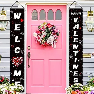 Whaline Valentines Porch Sign, Welcome and Happy Valentines Day Hanging Banners for Holiday Home Indoor Outdoor Porch Wall Valentine's Day Decoration (Black)