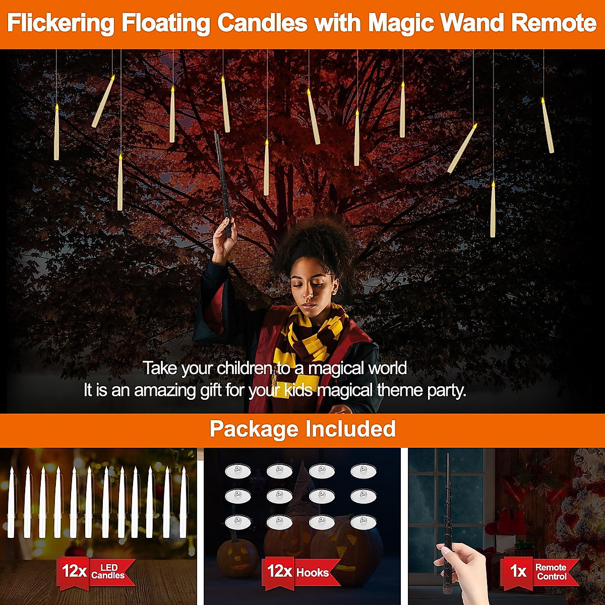 12 Home Decoration Floating Candles with Magic Wand Remote, Flameless Taper Ccandles Warm Light Flickering,Witch Wizard Hanging Candles Lights for Harry Potter Gift Birthday Party Home Room Decor