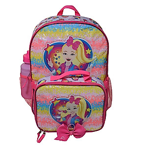 JoJo Siwa Girls 4 Piece Backpack Set, Rainbow Sequin School Travel Bag with Front Zip Pocket, Mesh Side Pockets, Lunch Box, Water Bottle, and JoJo Bow Hair Tie