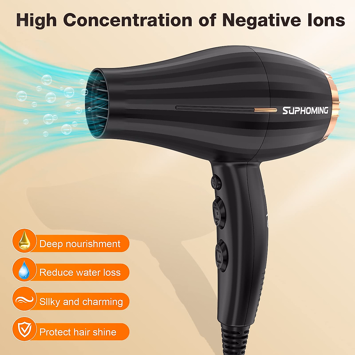 SUPHOMING Hair Dryer, Professional Negative Ions 2200W Blow Dryer, Lightweight Portable Travel Ceramic Hairdryer with Diffuser & Volume Styling Nozzles