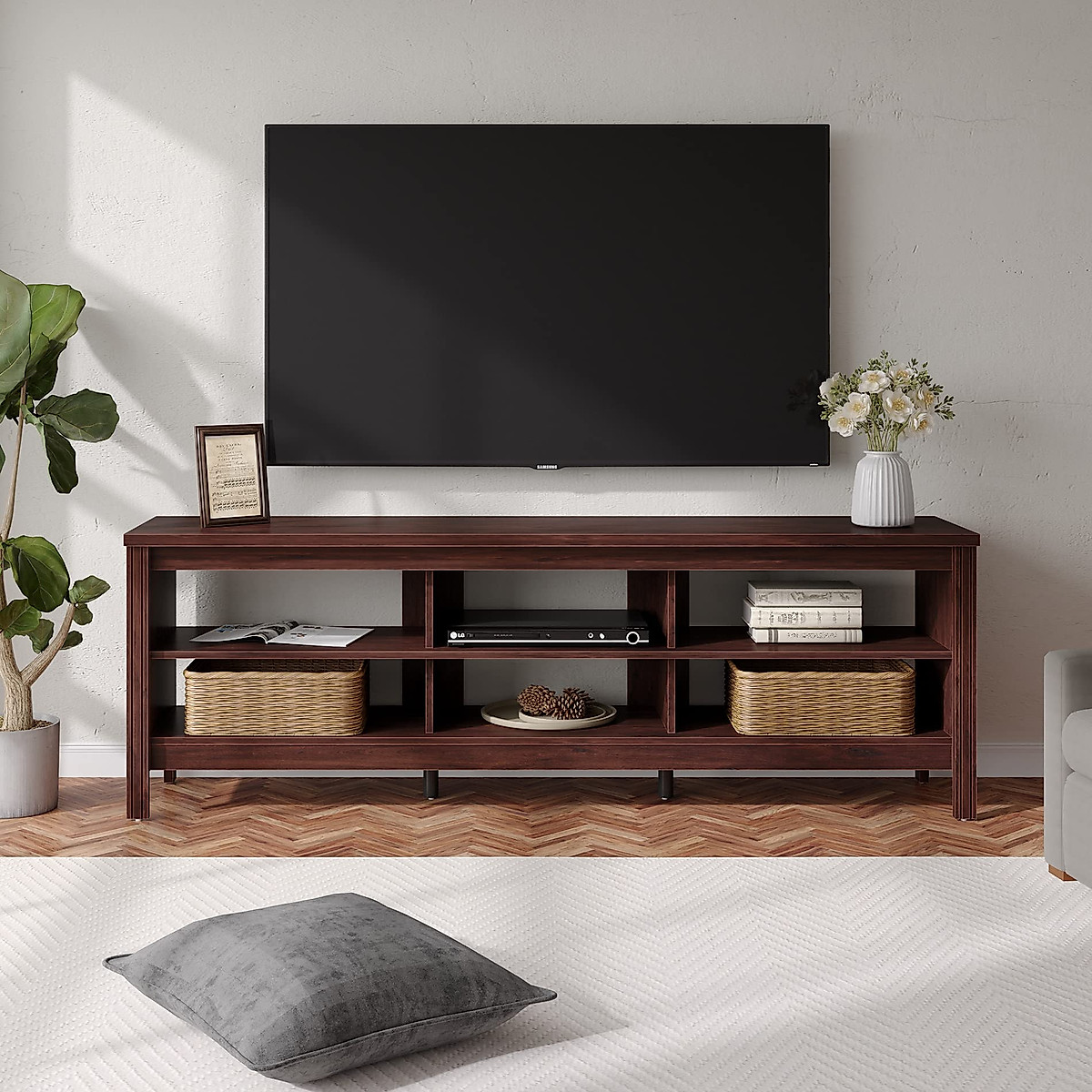 WAMPAT Farmhouse TV Stand for 75 inch TV, Wood Entertainment Center for 80 inch TV Console Table with 6 Storage Cubby for Living Room & Bedroom, 70 inch, Brown