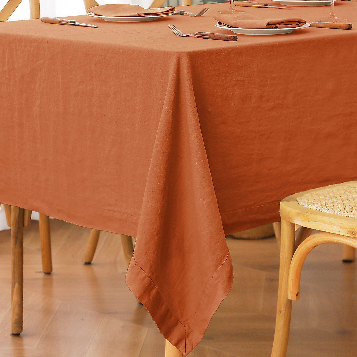L Linen World Linen Tablecloth 60x90Inch,100% Pure Linen Rustic Tablecloth Rectangular Tablecover,Wedding,Dining,Natural European Flax,Decorative Valentine's Day,Spring,Easter(Rust)