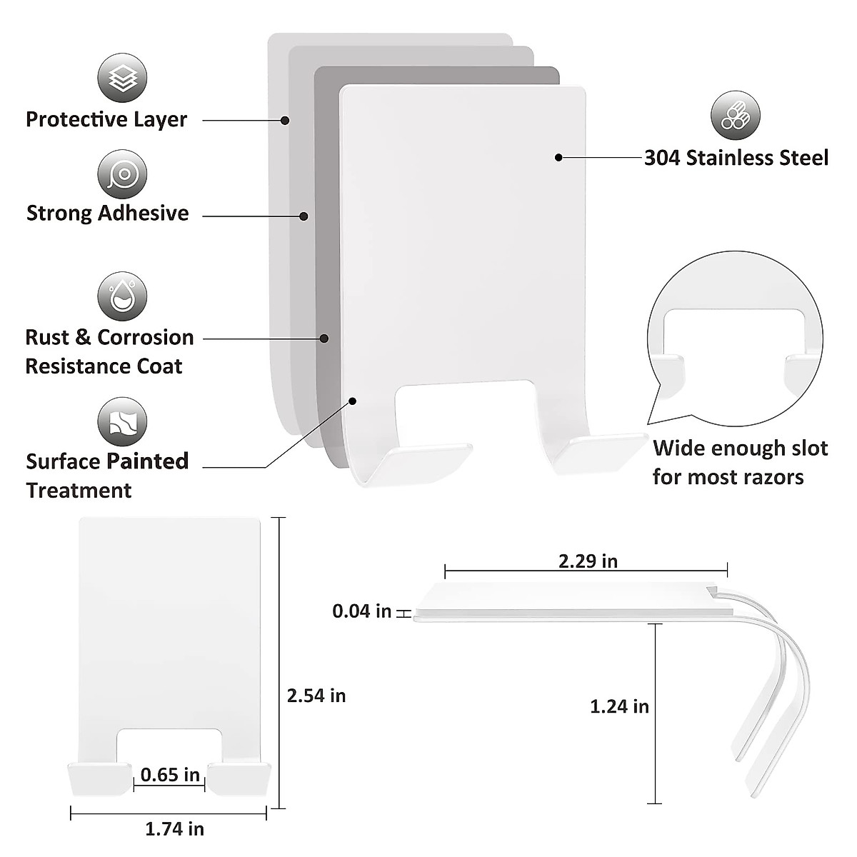 VIS'V Adhesive Razor Holder, White Self Adhesive Razor Hooks Shower Wall Waterproof Bathroom Razor Hanger Stainless Steel Heavy Duty Wall Mount Blade Shaver Holder for Men and Women - 2 Pcs