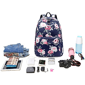 Joyfulife Backpack for Girls, Teen Backpacks Lightweight Kids Bookbags School Backpack with Lunch Box Pencil Case Travel Laptop Backpack Casual Daypacks Floral (Dark Blue)
