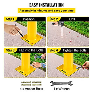 BestEquip Safety Bollard 42-4.5 Safety Barrier Bollard 4-1/2" OD 42" Height Yellow Powder Coat Pipe Steel Safety Barrier with 4 Free Anchor Bolts for Traffic-Sensitive Area