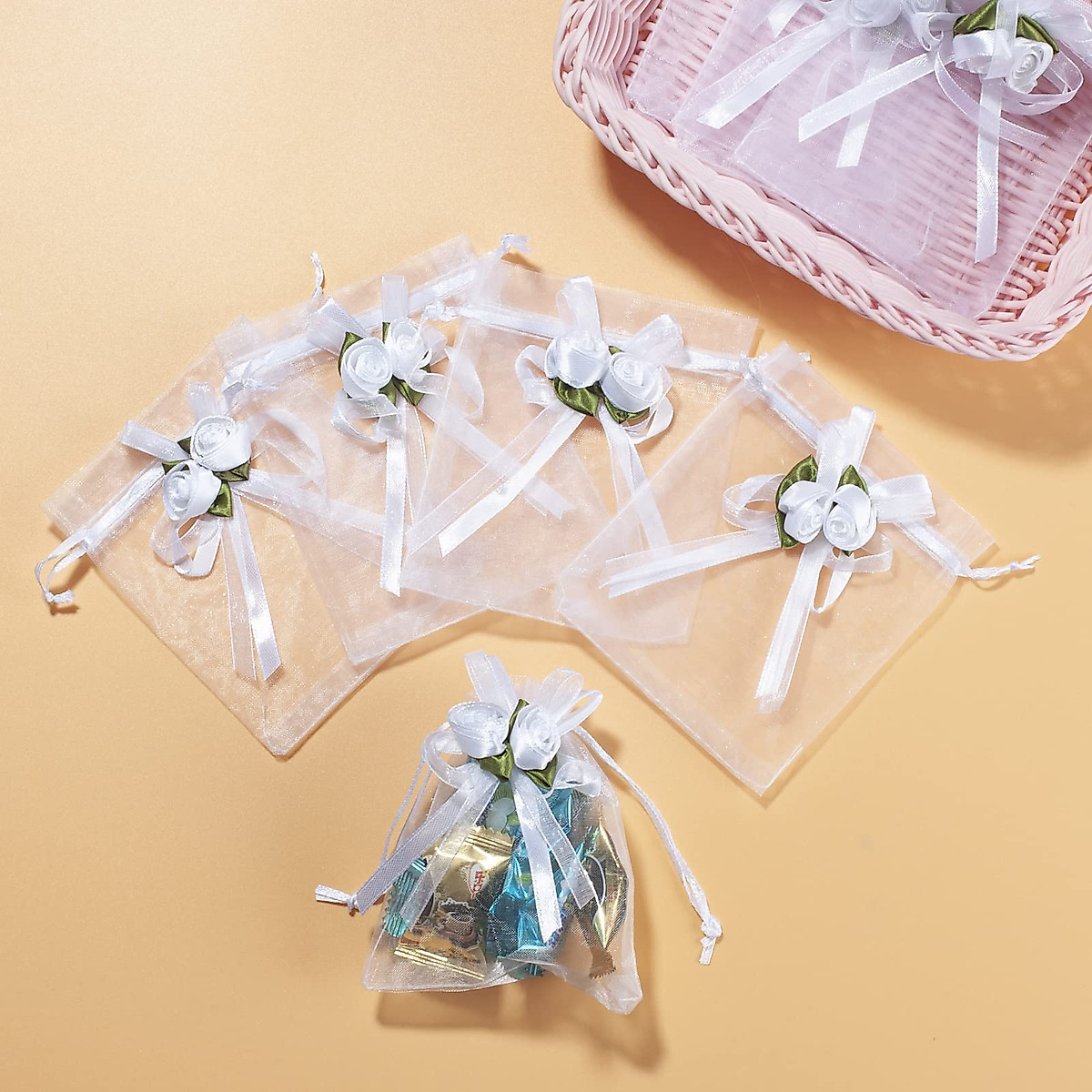 ONUPGO 50 Pack White Rose Organza Gift Bags with Drawstring, 4 x 4.7 inch Wedding Favor Gift Bags, Small Mesh Candy Bags Jewelry Pouches for Party Wedding Christmas DIY Craft