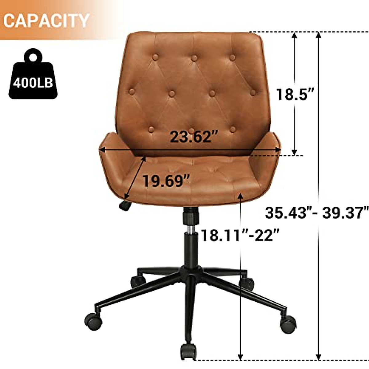 DICTAC Leather Office Chair Brown Wide Desk Chair, Mid Century Armless Home Office Chair with 40° tiltable backrest, Capicity 400lbs