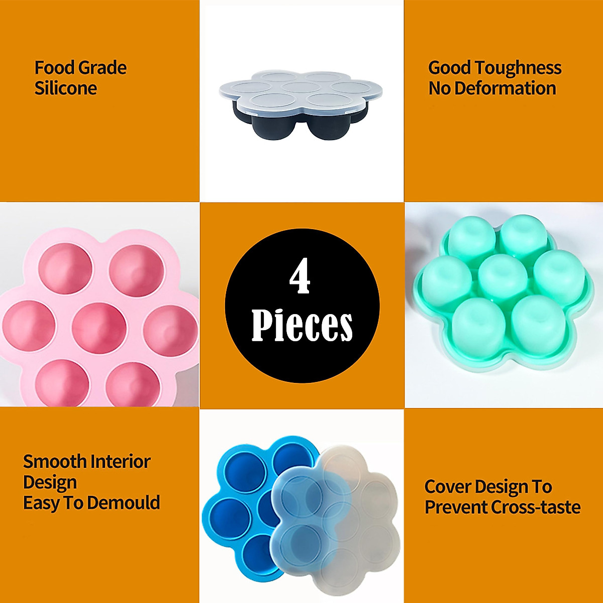 DIFENLUN(4 Pack) Silicone Egg Molds for 5,6,8 Quart Pressure Cooker, Food Freezer Tray with Lid, Egg Bite Molds for Cooking - Silicone Egg Bite Molds for Oven with Lid(6.2 in*6.2 in)