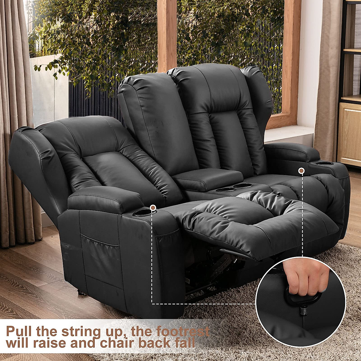 BINGTOO Home Theater Seating 67” RV Recliner Double Recliner Loveseat Manual Recliner Leather Recliner Loveseat Reclining Sofa with Console Slate, Cup Holder, Side Pocket