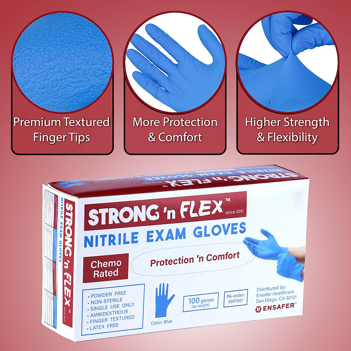 STRONG 'n FLEX Box of Large Nitrile Exam Gloves, 100 ambidextrous gloves