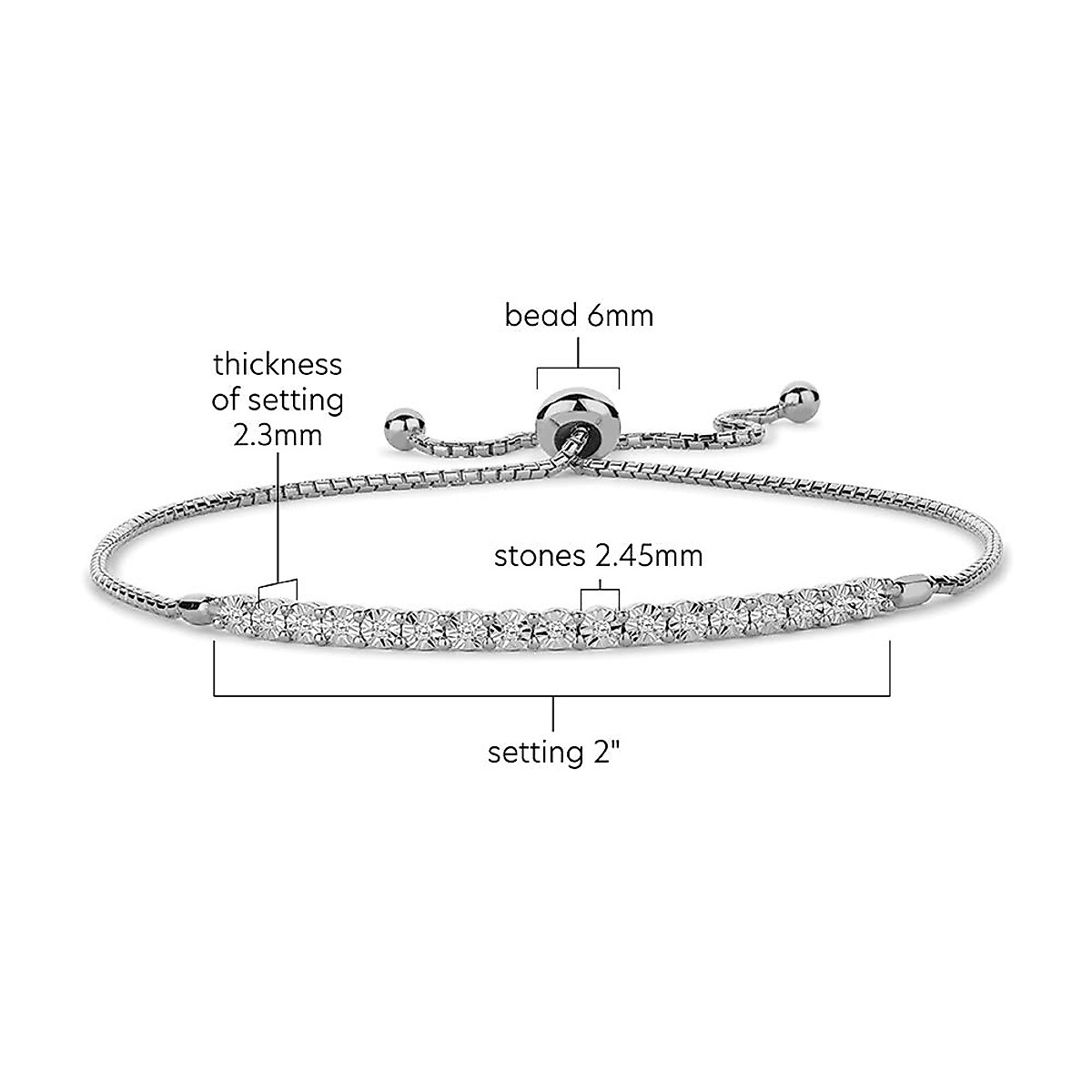 Tirafina Diamond Adjustable Bolo Bracelet for Women, Sterling Silver, Easy-On Easy-Off - 1/10 cttw (6, 7 and 8 inch Wrist Size)