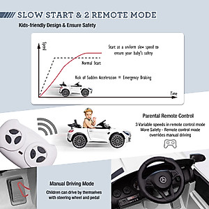 JOINATRE 12V Kids Ride on Car, Licensed Mercedes Benz AMG GTR Electric Cars, Battery Powered Ride on Toys with Remote Control, 3 Speeds, Music, LED Lights and Safety Belt, White