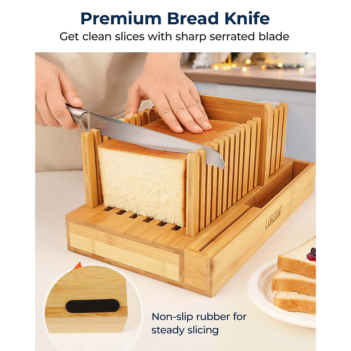 Lorzon Bamboo Bread Slicer with Bread Knife, Bread Cutting Guide with Storage Bag, Compact Bread Slicing Guide for Homemade Bread [Patent Pending]