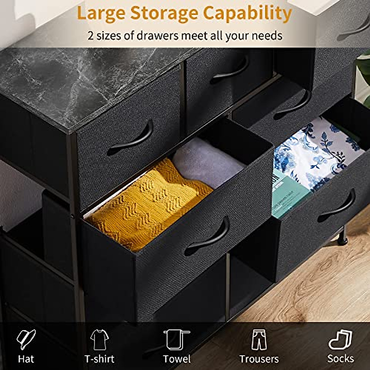 Bigroof 12-Drawer Dresser, Fabric Storage Tower, Storage Organizer Unit for Bedroom, Nursery, Entryway, Closets - Sturdy Steel Frame, Wood Marble Top & Easy Pull Fabric Bins