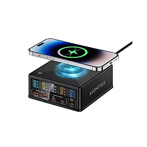 ASOMETECH Charging Station, 160W 5-Port USB C with 65W PD, QC3.0, Wireless Charger, LCD Display for MacBook, Laptop, iPad, iPhone, Samsung