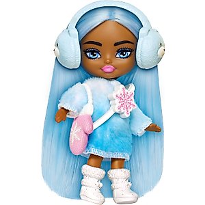 Barbie Extra Mini Minis Travel Doll with Blue Hair, Ombre Sweater Dress, Pastel Earmuffs, Snow Boots & Snow Accessories, 3.25-inch