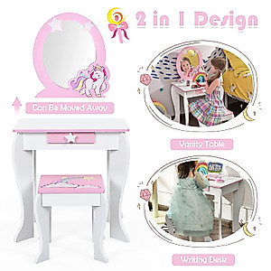 HONEY JOY Kids Vanity Set with Mirror, Wooden Princess Makeup Table and Stool Set, Detachable Mirror & Storage Drawer, Pretend Play Toddler Girl Vanity, Vanity for Little Girls (Unicorn White)