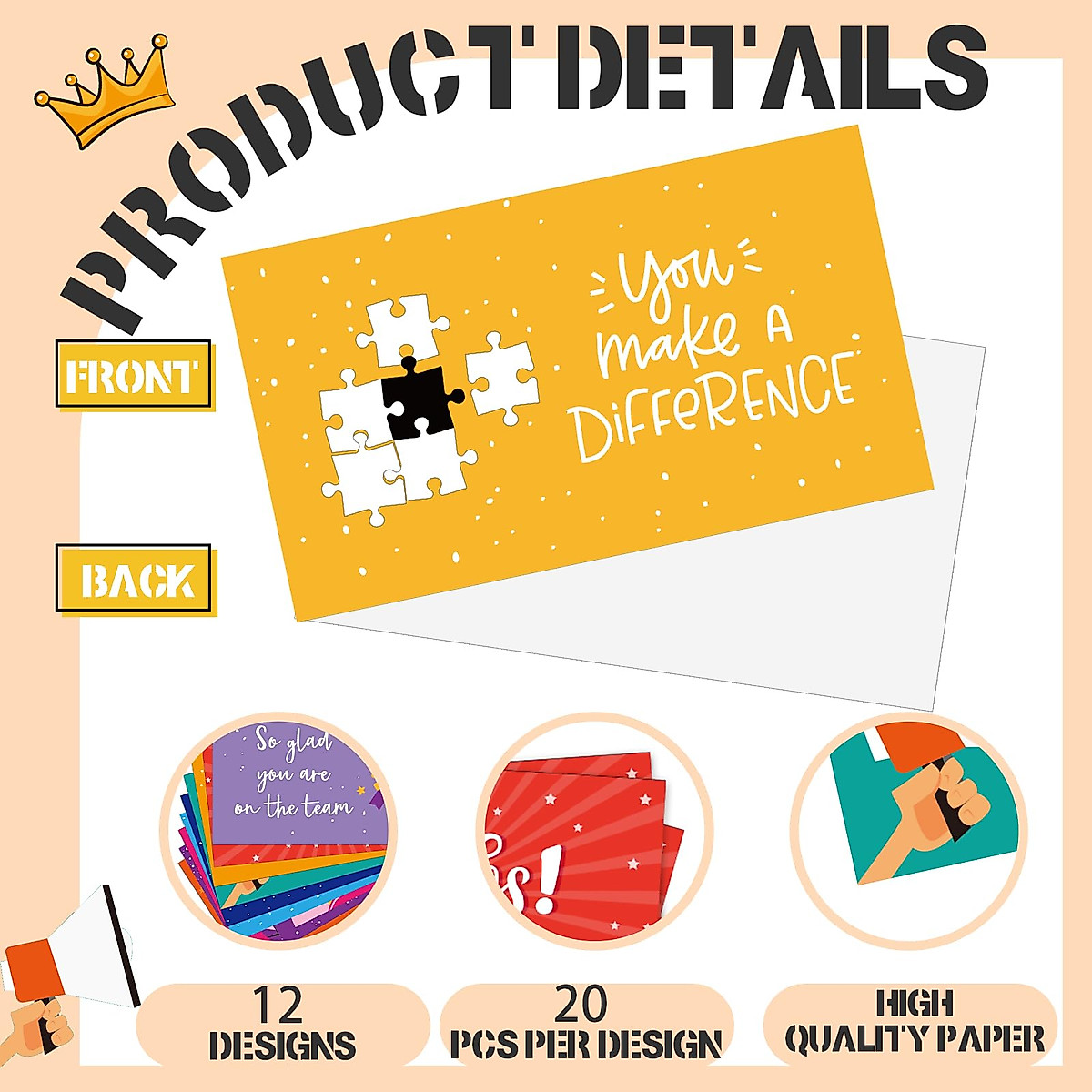 Yeaqee 240 Pcs Employee Appreciation Cards Kudos Cards Funny Blank Back Motivational Card Encouragement Thank You Note Cards Recognition Card for Teacher College Affirmation Gift(Classic)