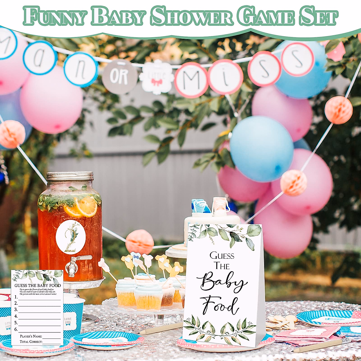 67 Pcs Guess the Baby Food Game Greenery Baby Shower Games Set 1 Standing Sign 50 Answer Cards 10 Pencils 6 Number Stickers for Gender Reveal Party Decoration Supplies