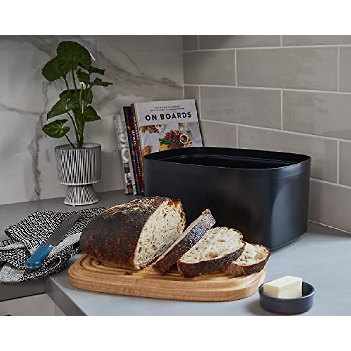 Sonder Los Angeles, Modern Bamboo Fiber (Black) Bread Box for Kitchen Countertop with Reversible Wood Serving Lid, Homemade Bread Storage 14.25 x 9.25 x 7in, Storage Bin and Bread Container