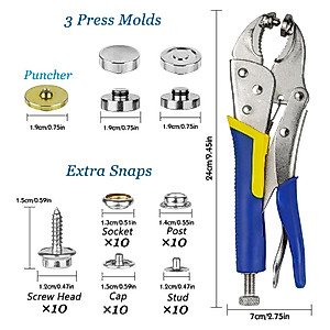 YZS Snap Button Kit Tool【Upgraded 3 Dies】- Heavy Duty Snap Fastener Tool, Includes 10Sets 15mm Metal Snap Buttons, Snap Tool for Replacing or Repairing Snaps on Boat Cover, Canvas, Leather, Fabric