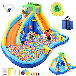 WHUBEFY Inflatable Water Slide,7 in 1 Kids Water Slides with Blower,Water Bounce House Water Park for Kids Backyard,Waterslide Splash Pool,Water Gun,Climbing Wall,Bounce Water Slide for Wet and Dry