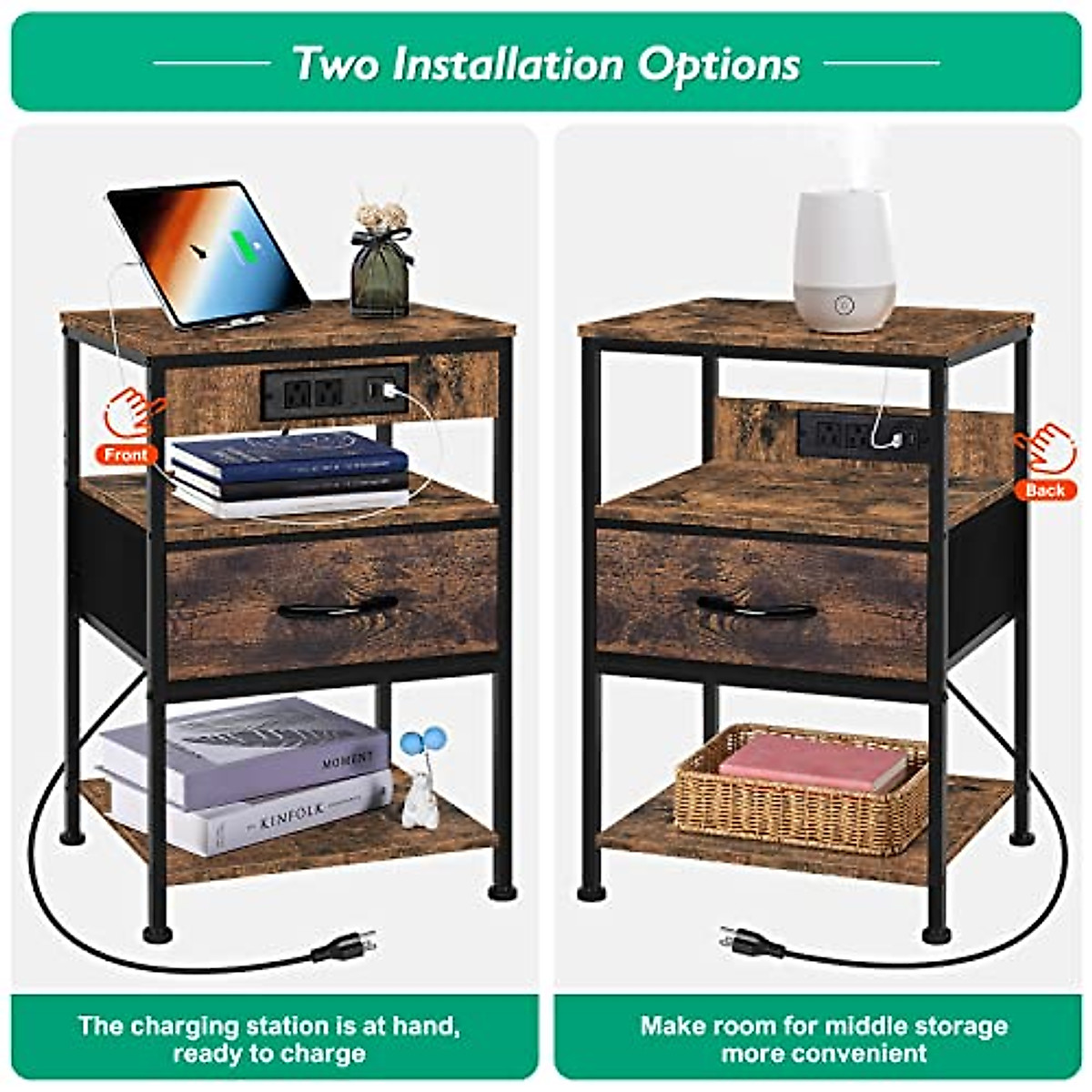 NOVIMANGO Nightstand with Charging Station Bedside Tables with Drawer Bedroom End Table Small Side Tables with USB & AC Ports Industrial End Table with Storage for Living Room Dorm Farmhouse Brown