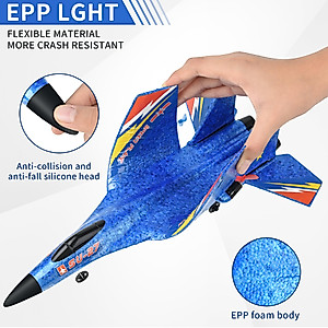 YIDJOFJ RC Gravity Gliders Airplane, Remote Control Plane Su-27 RC Airplane-2.4Ghz 6-axis Gyro RC Airplane with Light Strip, 2 Batteries Easy to Fly Jet Fighter Toy Gift for Kids Beginner (Blue)