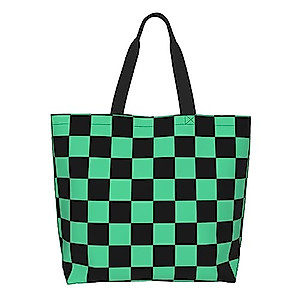 TWKGBUAD Classic Green and Black Plaid Print Reusable Shoulder Shopping Bag - Large Capacity Tote Bag with Inner Pocket for Women Men