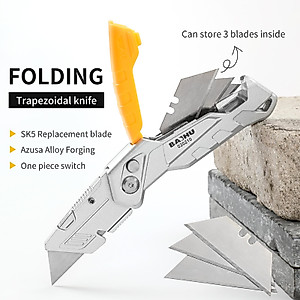 YINLONGDAO Folding Utility Knife, SK5 Heavy Duty Carbon Steel Retractable Blade, Box Cutter of Quick Blade Change, Blade Storage Design, Extra 10 Blades Included（Total 13 Blades）